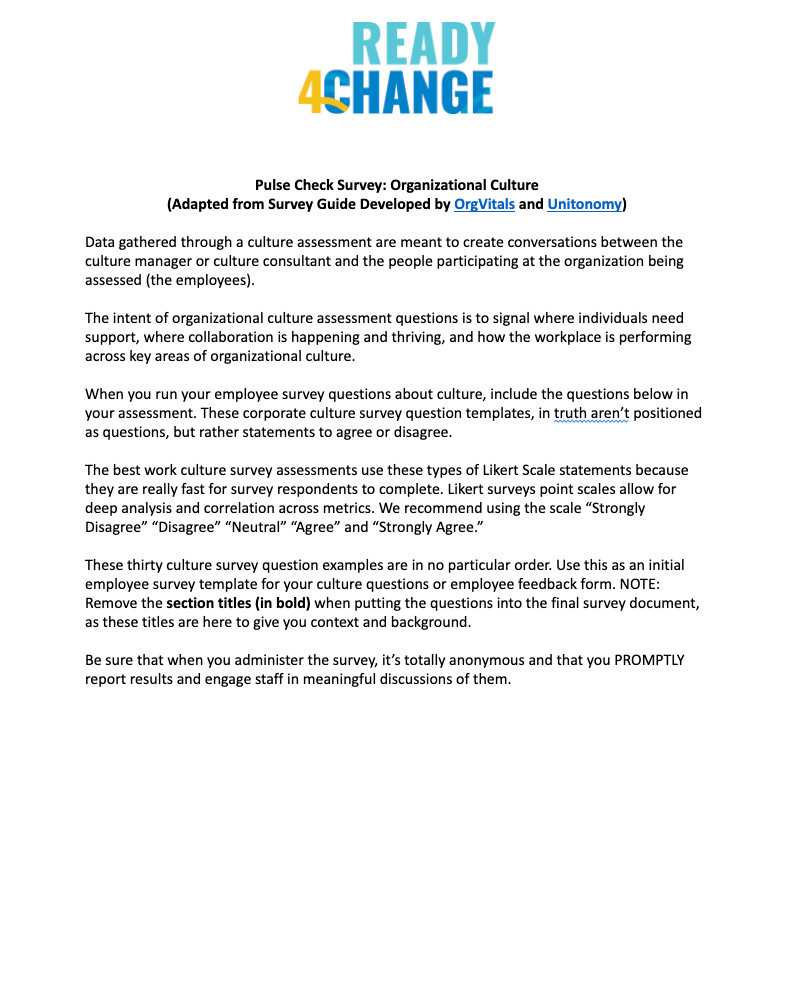 Pulse Check Survey: Organizational Culture – Ready4Change