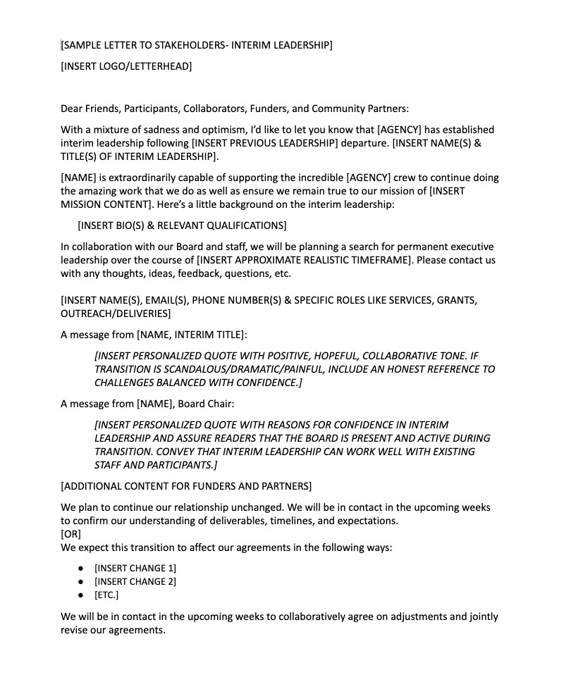 Sample Letter to Stakeholders – Interim Leadership – Ready4Change